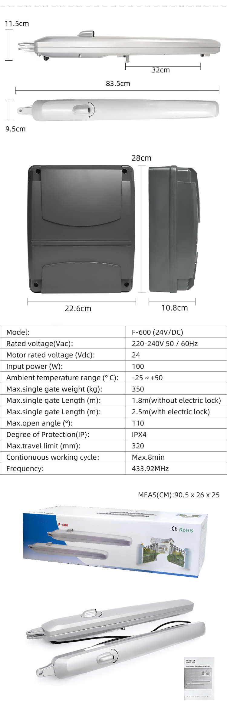 Foresee Dc24v Swing Gate Opener For 700kg Electric Door Operator Remote ...