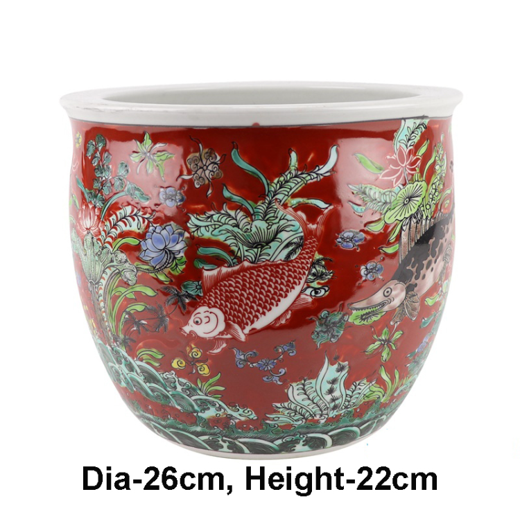 Antique Famille Rose Fish Pattern Large Red Ceramic Outdoor Planters ...