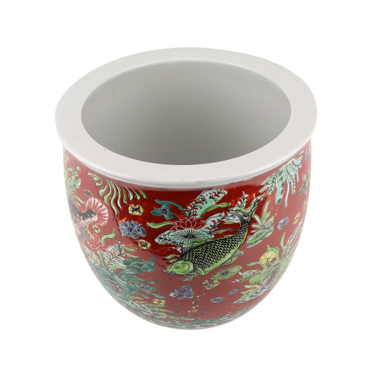 Antique Famille Rose Fish Pattern Large Red Ceramic Outdoor Planters ...