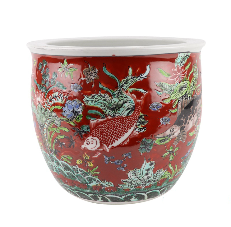 Antique Famille Rose Fish Pattern Large Red Ceramic Outdoor Planters ...