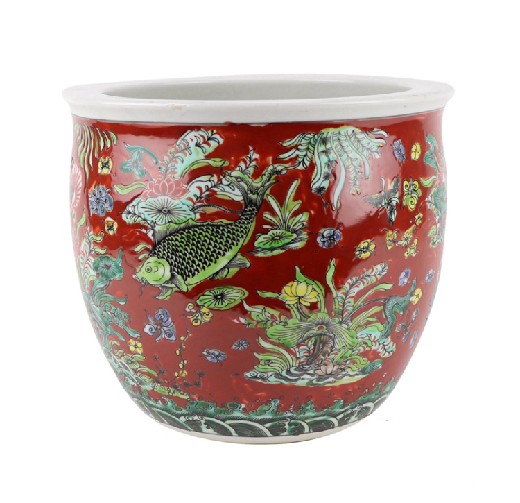 Antique Famille Rose Fish Pattern Large Red Ceramic Outdoor Planters ...