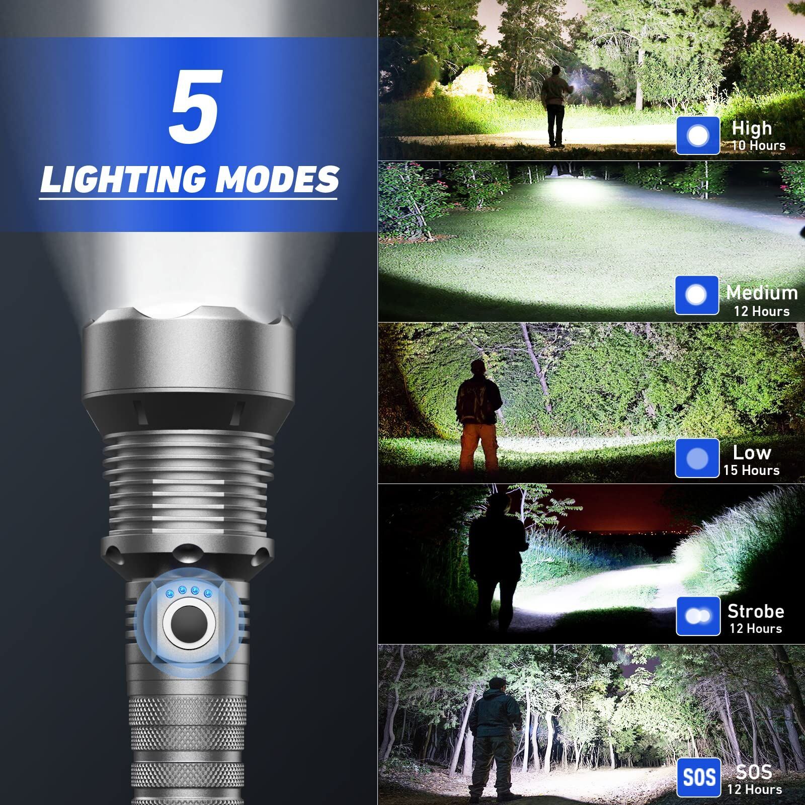 High Lumens 200000 Lumen Brightest Flashlight 5 Modes Rechargeable Led ...