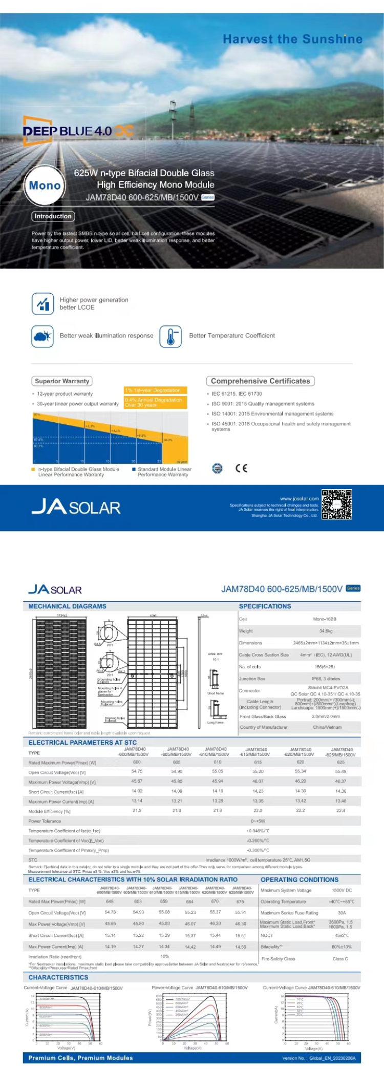 Ja Mono Solar Panel 600w 610w 615w 620w 625w 630w Half Cell Solar Panel ...