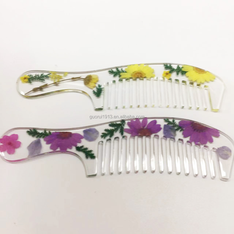 Custom Real Dried Flower Transparent Clear Comb Handmade Resin Wide ...