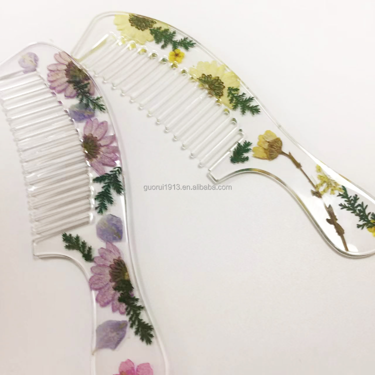 Custom Real Dried Flower Transparent Clear Comb Handmade Resin Wide ...