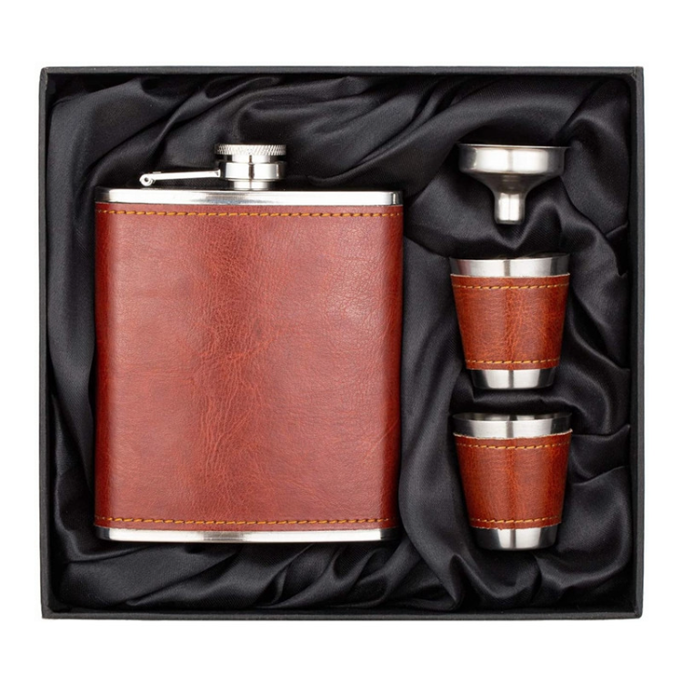100% Leak Proof Stainless Steel Whisky Hip Flask Gift Set Brown Leather ...