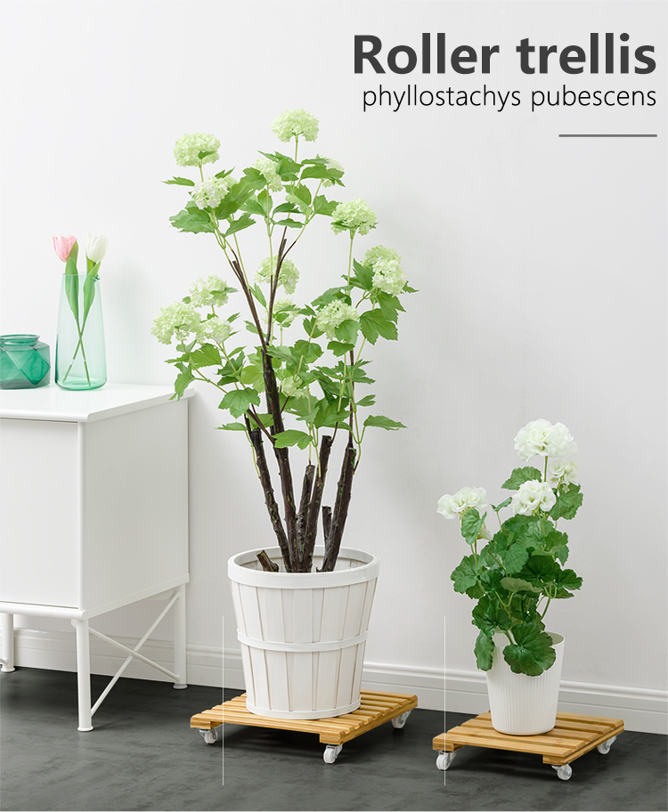 Durable Movable Square Flower Pot Rack Trolley Tray Bamboo Plant Stand ...