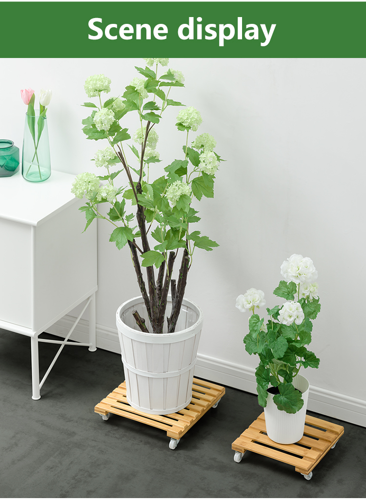 Durable Movable Square Flower Pot Rack Trolley Tray Bamboo Plant Stand ...