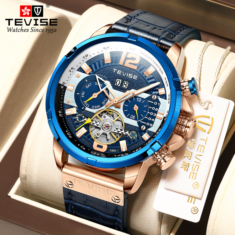 Tevise T885f Sport Watches For Men Blue Luxury Automatic Leather Wrist ...