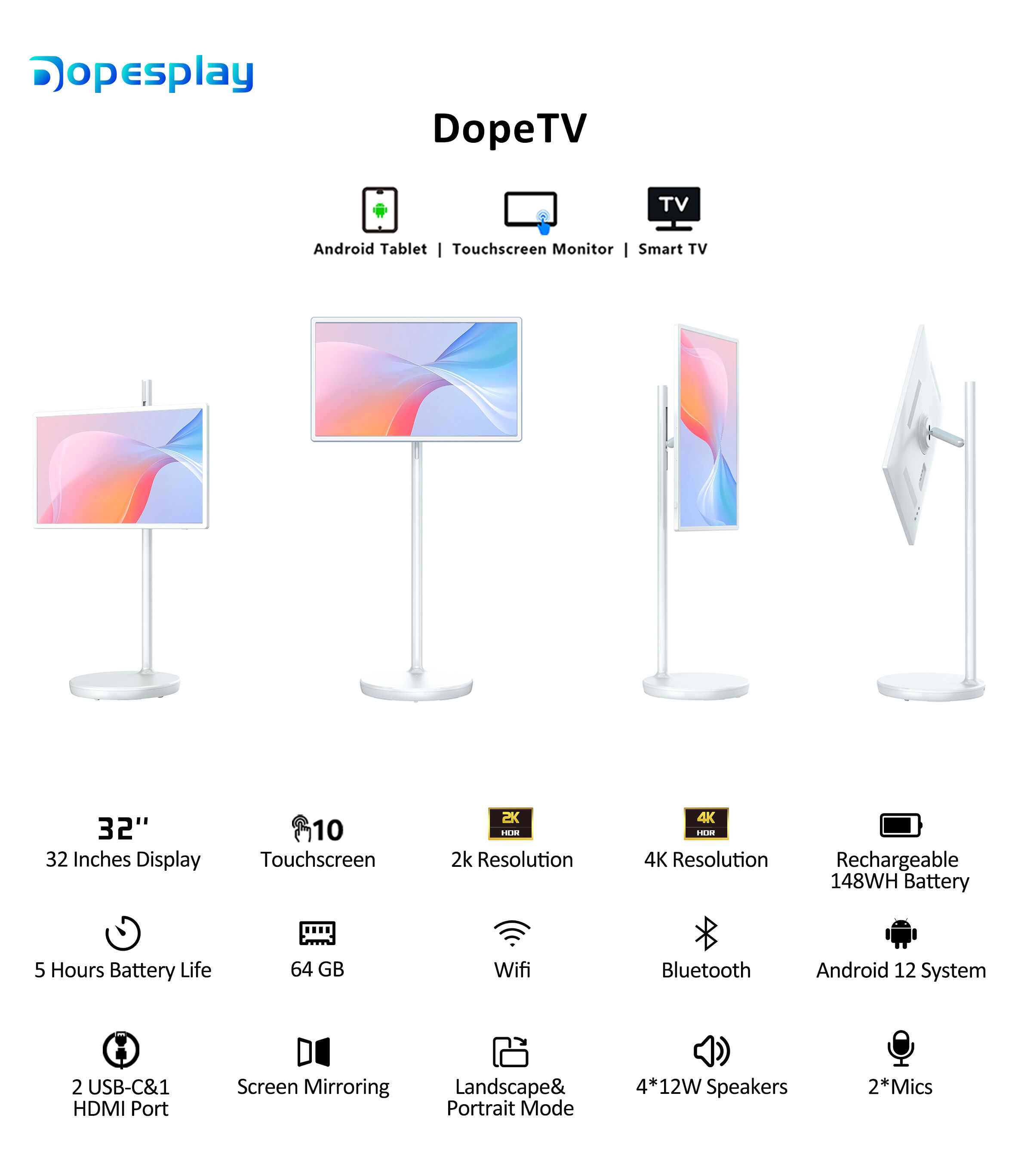 32 Inch 4-in-1 Hybrid Quad Core Cortex A55 Rolling Smart Monitor, Smart ...