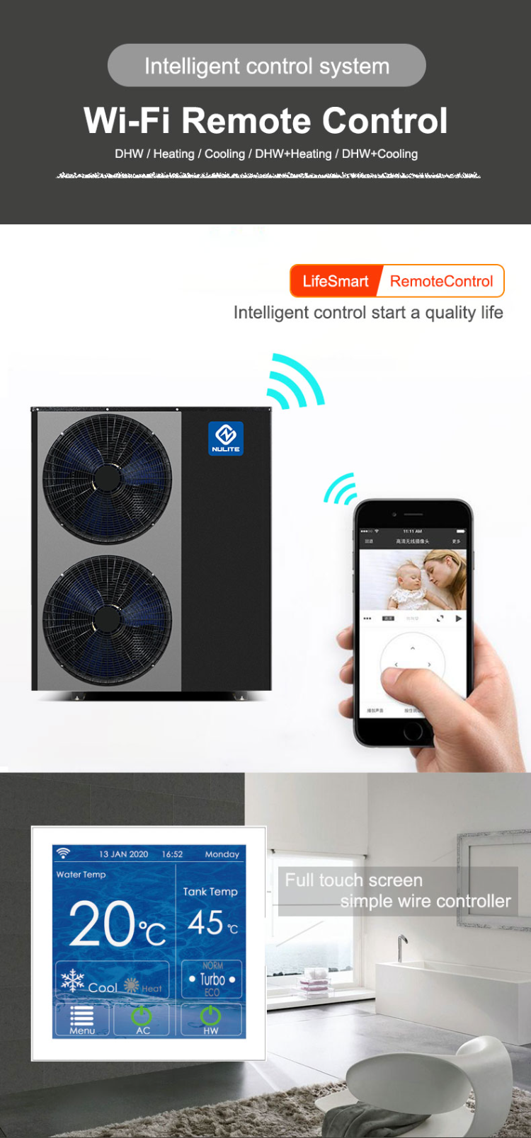 Nulite R32 Wifi Control 10kw 20kw 30kw Dc Inverter Monoblock Air Source ...