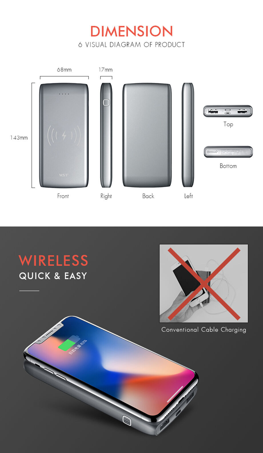 Wst High Density 10000mah Li-polymer Battery Powerbank Wireless Charger ...