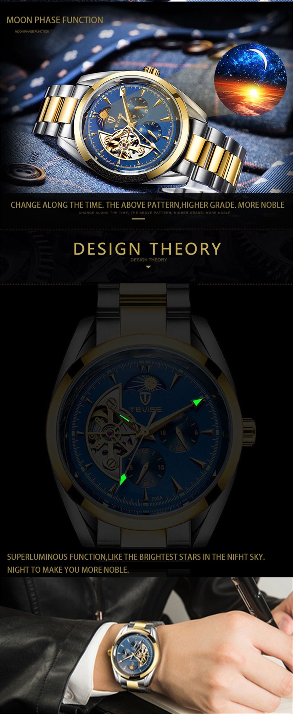 Tevise Watch Men's Fully Automatic Mechanical Watch Stainless Steel ...