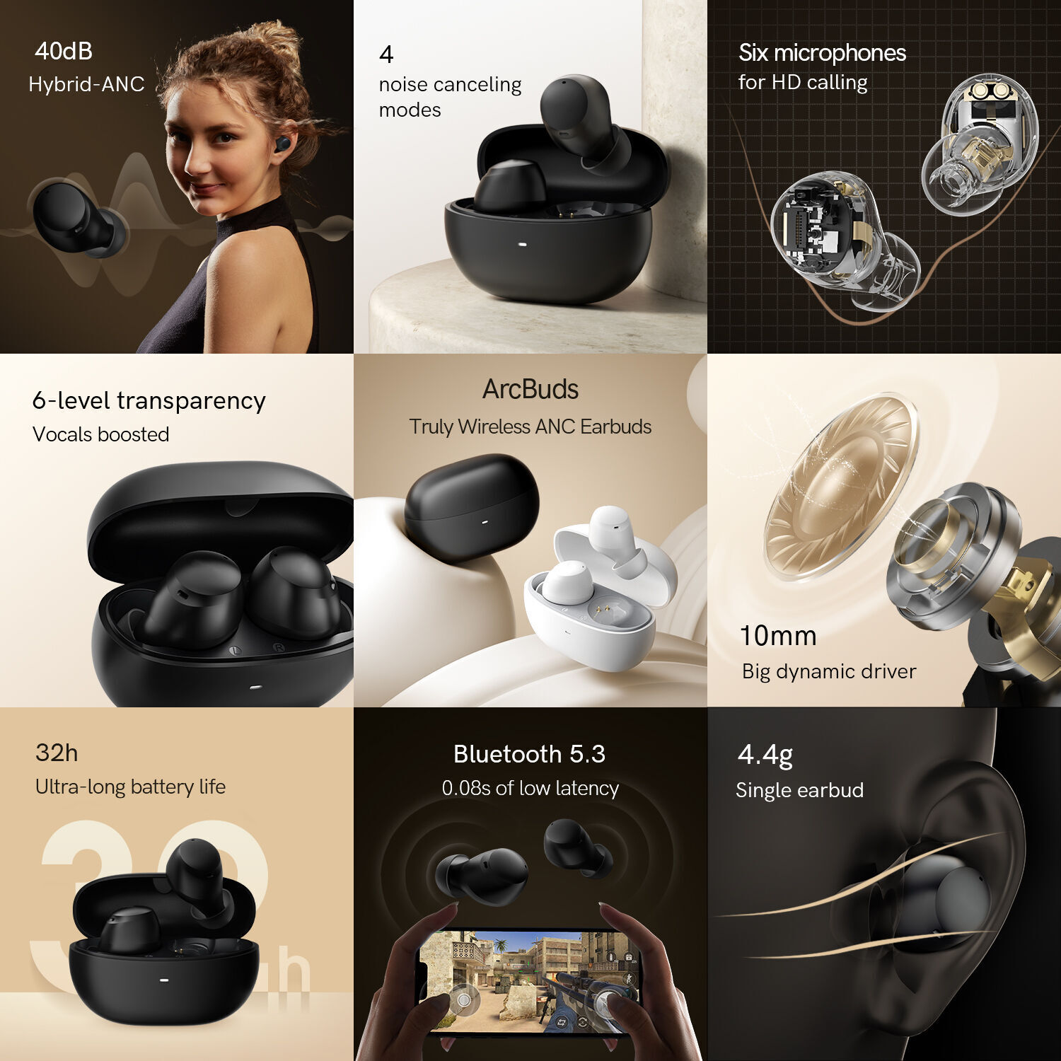 6 Mic Enc+anc Noise-canceling Earphone Qcy Ht07(arcbuds) Wuqi Hybrid ...