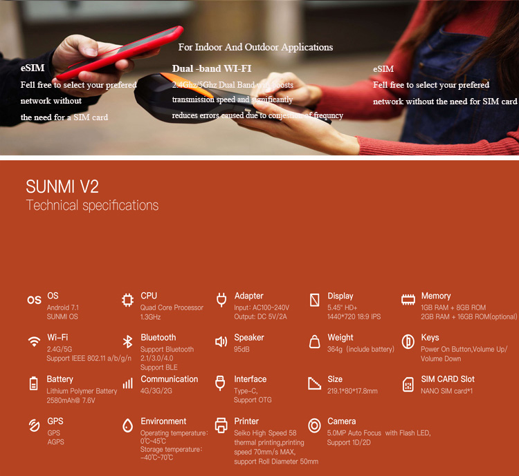 Sunmi V2 Handheld Pos Mobile Smart Terminal Pos Android System 2g Ram ...