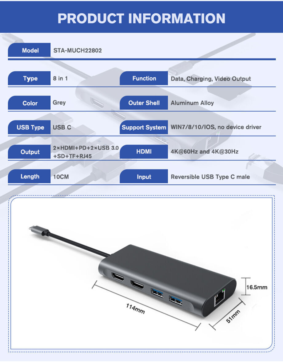 Custom Oem Usb Type-c Hub Type C To Double Hdmi Usb3.0 Tf Sd Rj45 Port ...