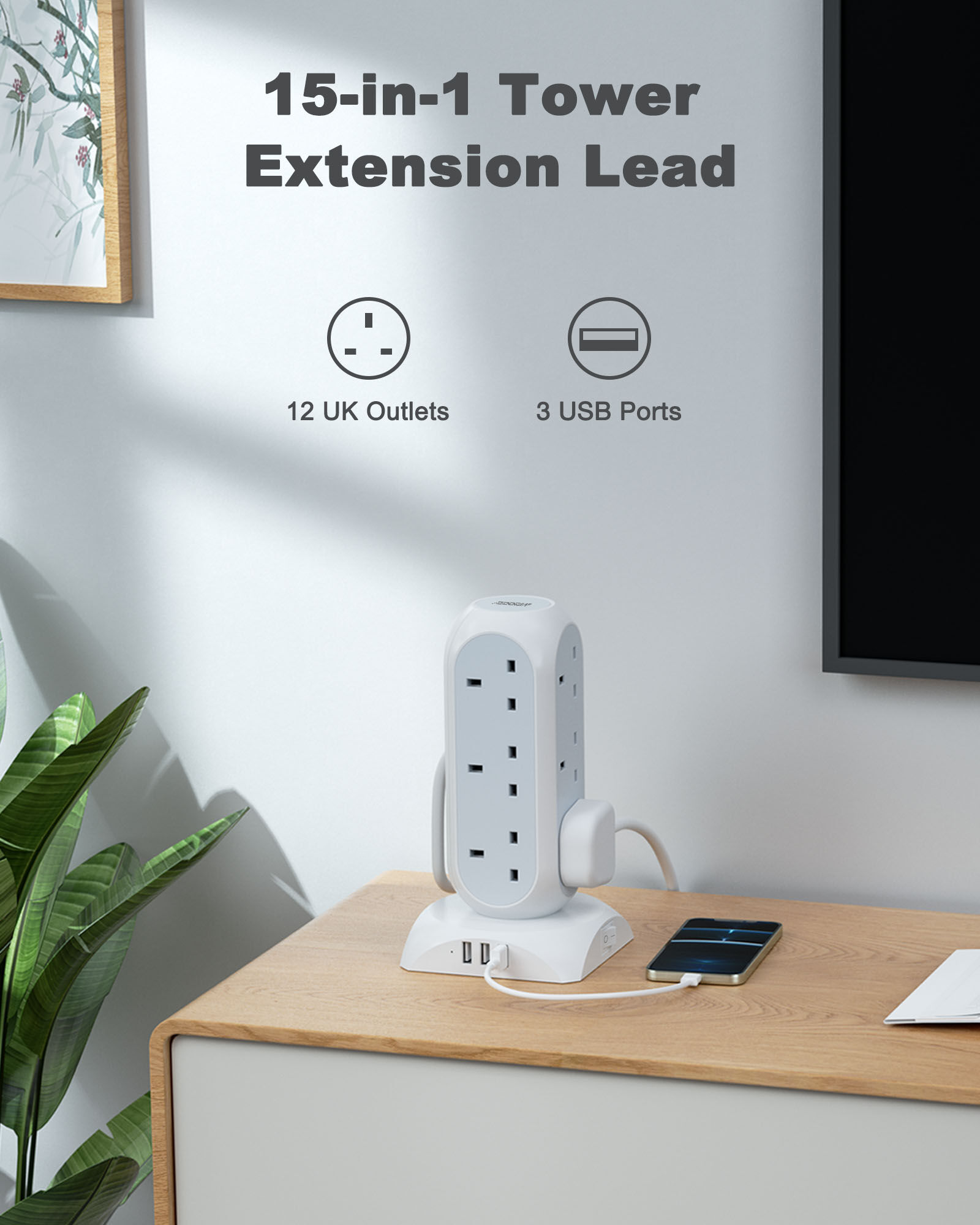 Tessan Multi Power Strip Tower With 12 Ac Outlets & 3 Usb Ports For ...