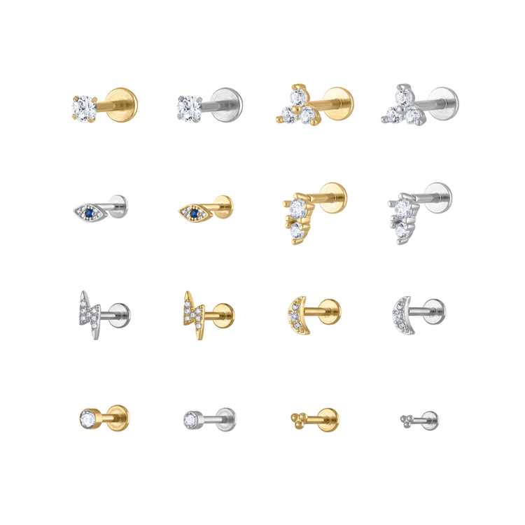 14k Gold Plated Flat Back Stud Earrings Zircon Eye Lightning Moon Dot ...