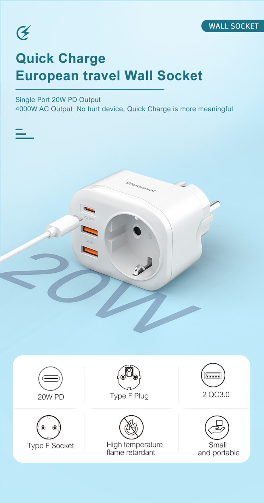 Wontravel German Schuko Type Wall European Socket Plug Extender Pd 20w ...