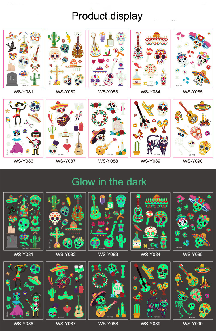 Death Day Luminous Tattoo Stickers Custom Skull Ghost Temporary Tattoo ...