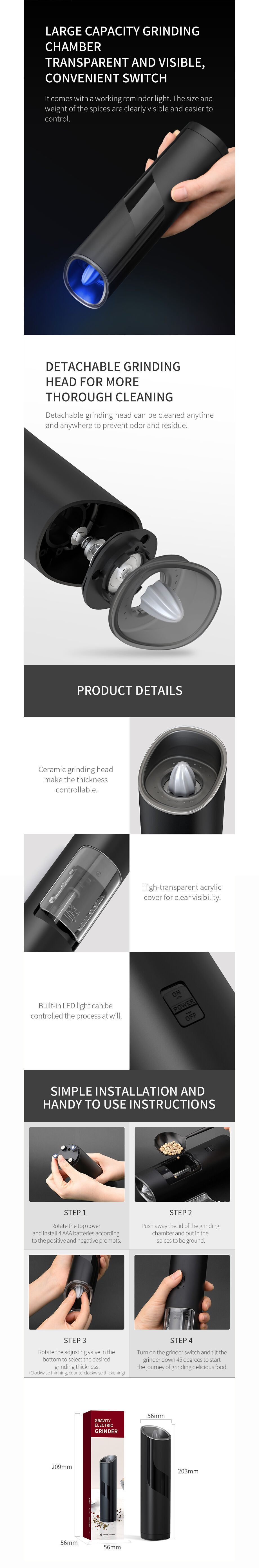 Electric Salt And Pepper Grinder Mills Gravity Sensor With Adjustable ...