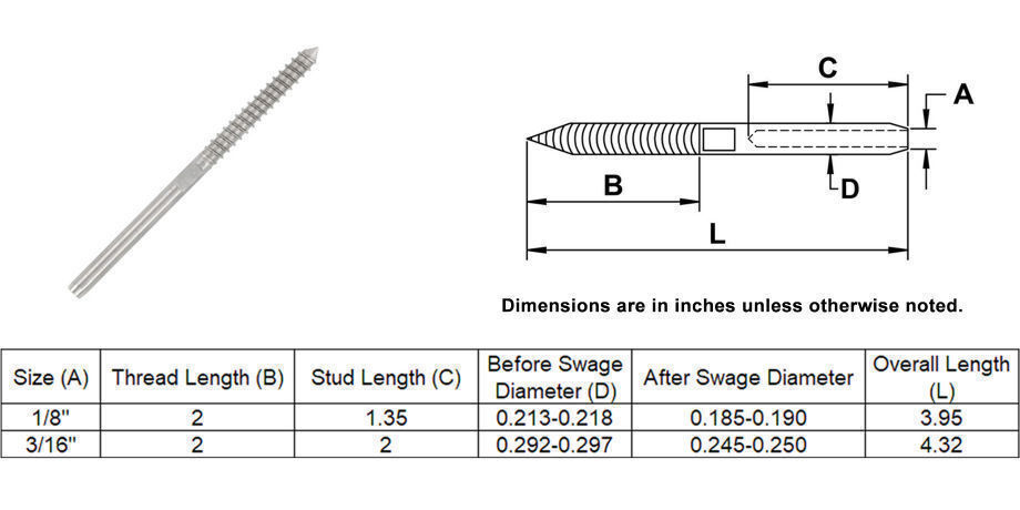 Cable Railing Kits Hardware T316 Stainless Steel Swage Lag Screws Left ...