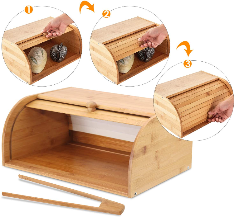 Large Capacity Roll Top And Removable Layer Bamboo Bread Box Food ...