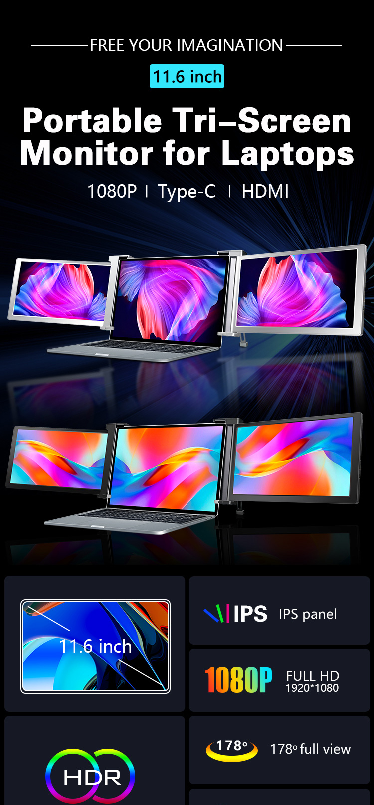 Buy Wholesale China 11.6 Inch Laptop Monitor Usb-c Portable Dual Screen ...