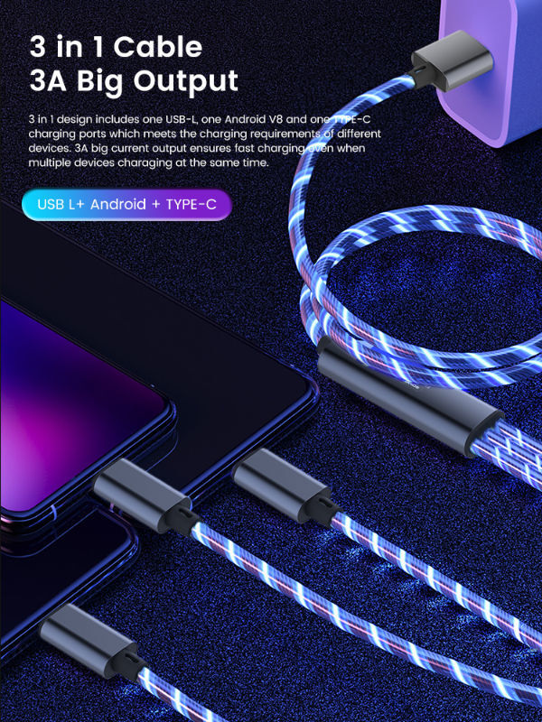 Buy Wholesale China Flowing Led Cable 3 In 1 Fast Data Cable Charging ...