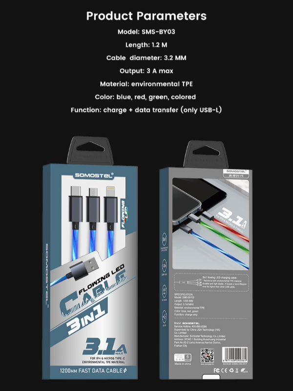 Buy Wholesale China Flowing Led Cable 3 In 1 Fast Data Cable Charging ...
