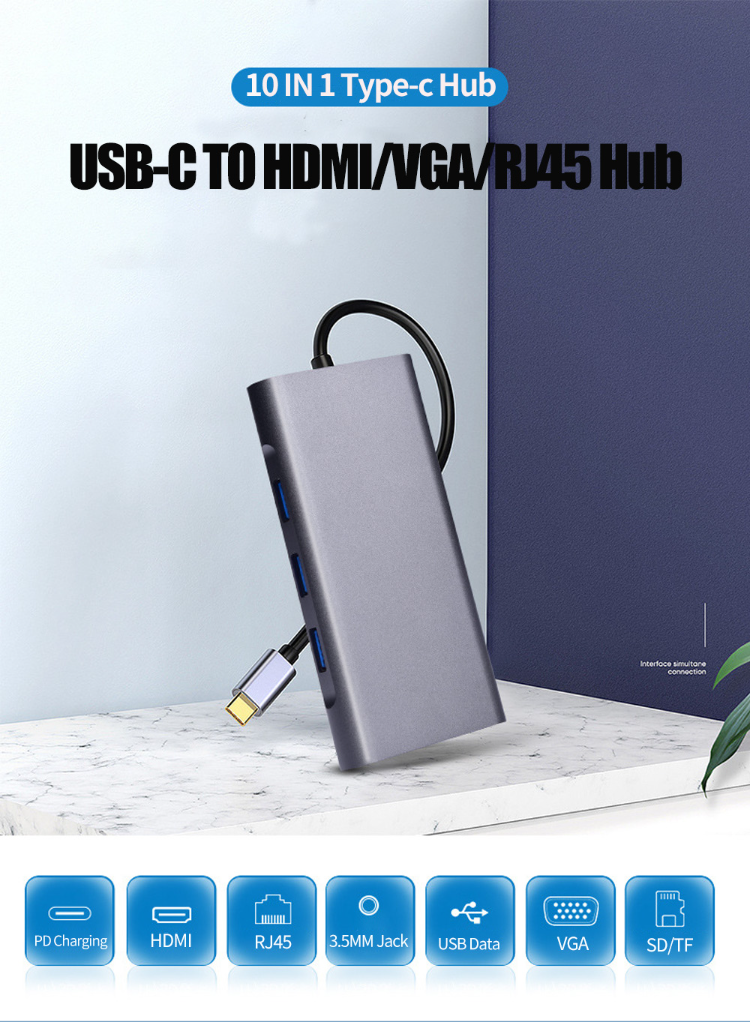 Buy Wholesale China 10 In 1 Type C Hub Splitter Usb C To 4k Hd Mi-adapter Vga Rj45 Ethernet ...
