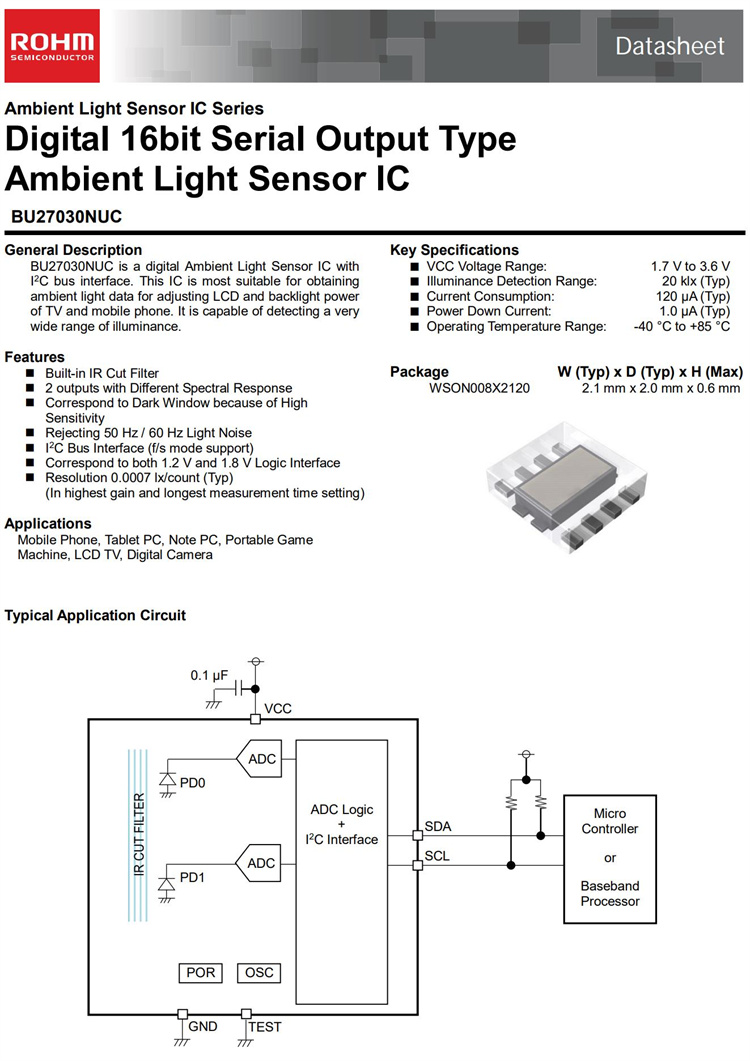 Rohm Bu27030 Digital 16bit Output Type Ambient Light Sensor Ic For ...