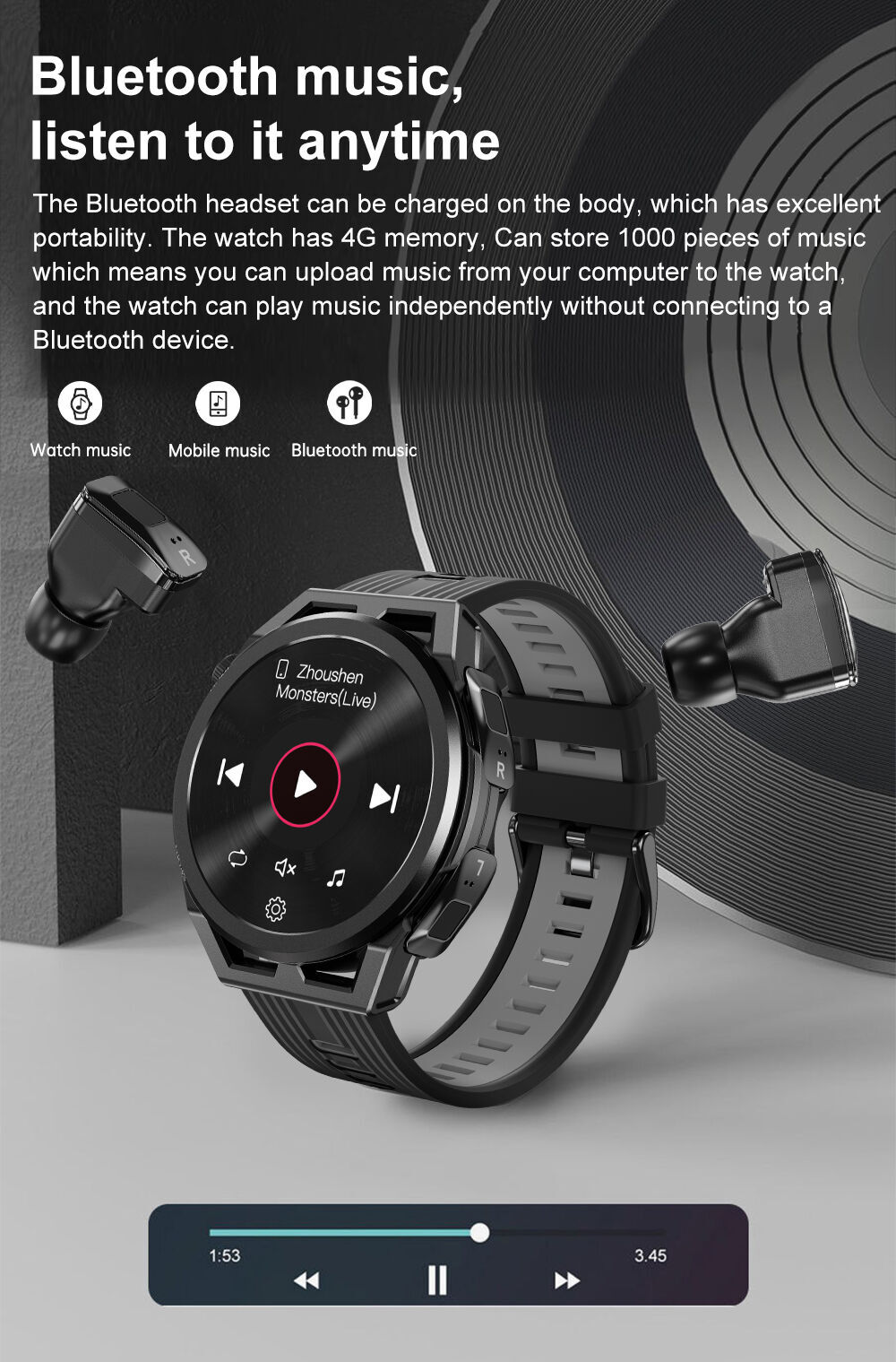 High Quality Smart Watch With Tws Earbud 4g Mp3 Music Memory Smartwatch ...