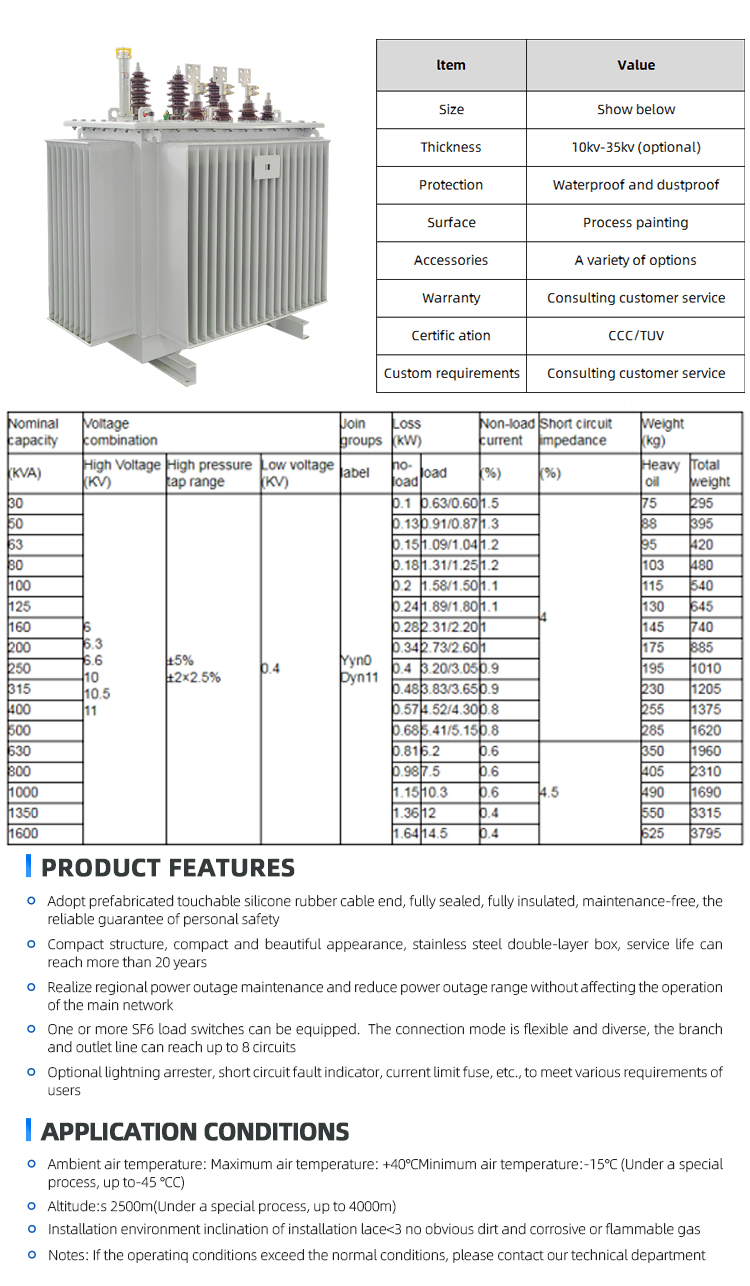 100kva 125kva 160kva 200kva 315kva 500kva 20/0.4kv Oil Immersed Three Phase Electrical Power ...