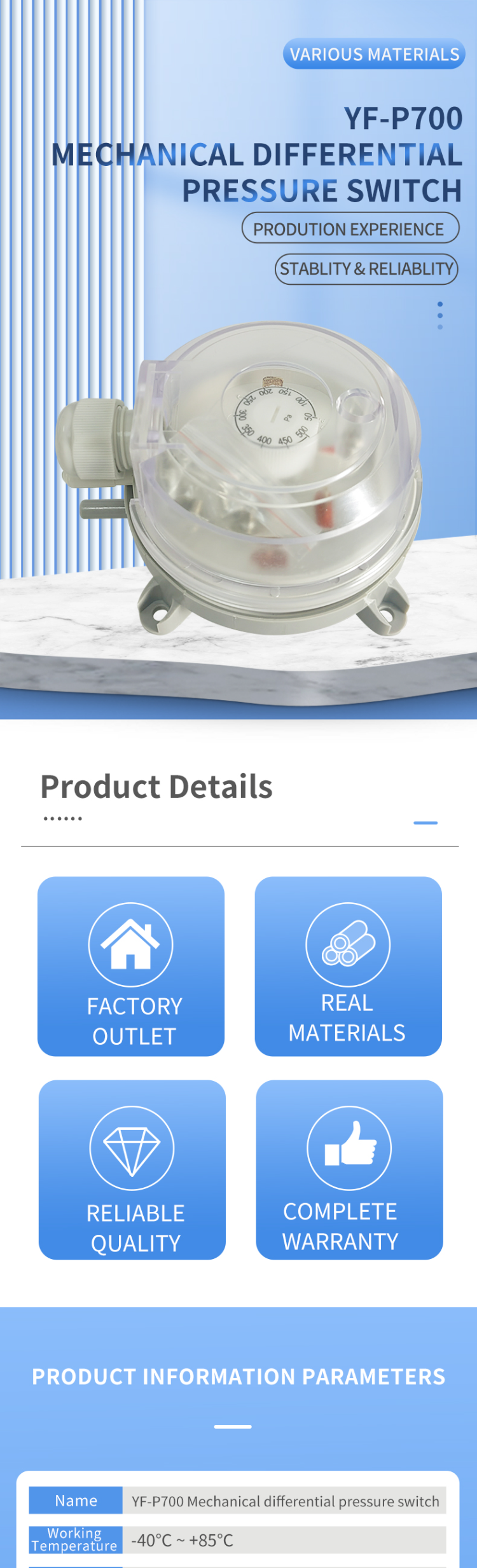 Yufavor P700 Heat Best Quality Low Air Pressure Film Mechanical Differential Pressure Switch ...