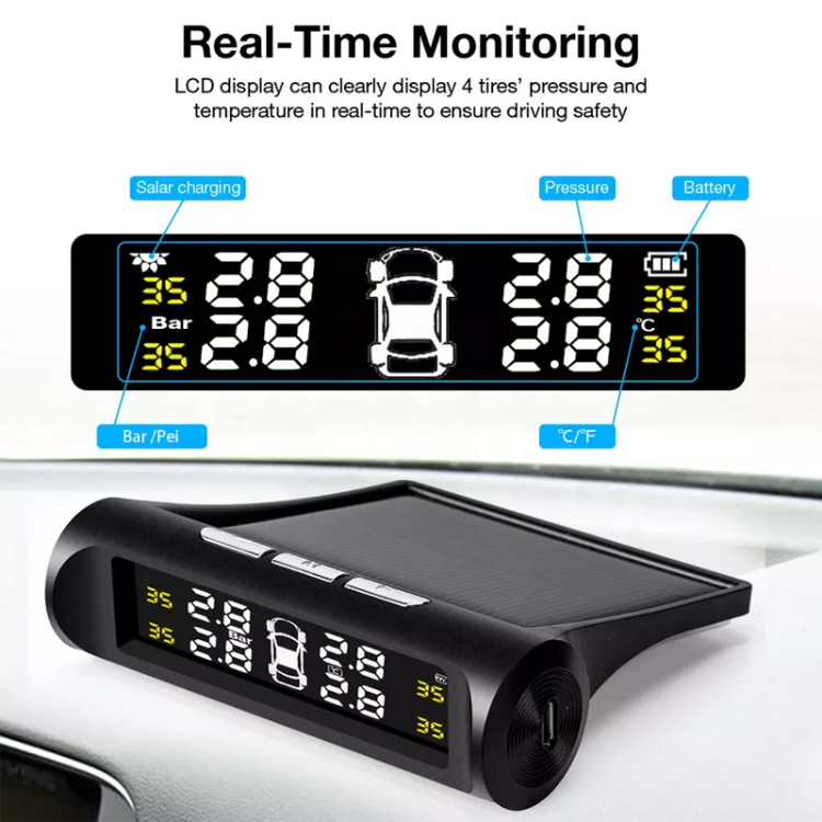 Solar Power Digital Lcd Display Car Tpms Tire Monitoring System Auto Security Alarm External ...