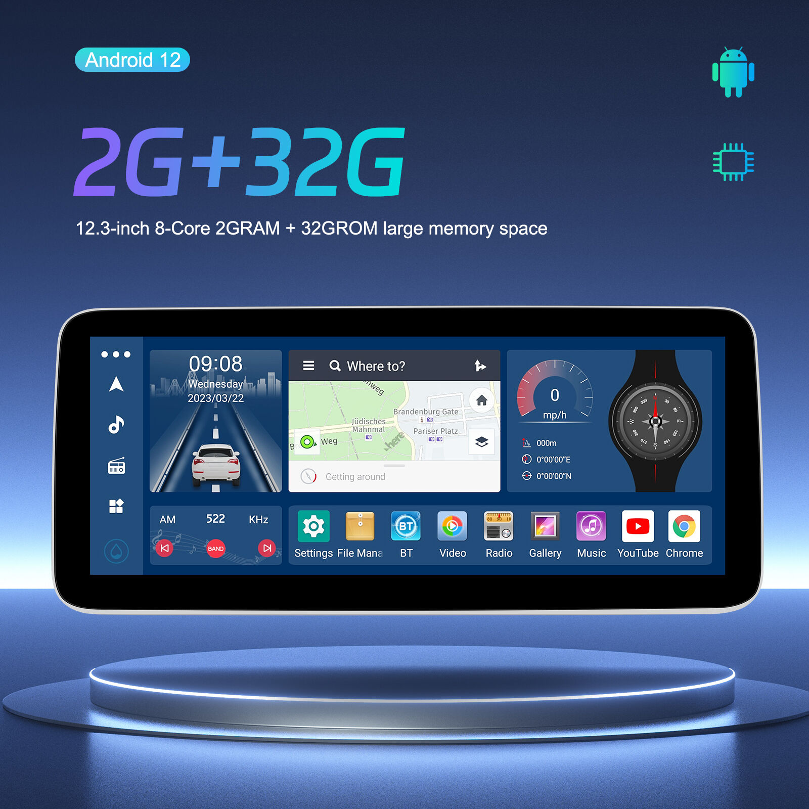 Podofo Android Car Stereo 8 Core 12.3'' 2+32gb Ips Screen Car Radio ...