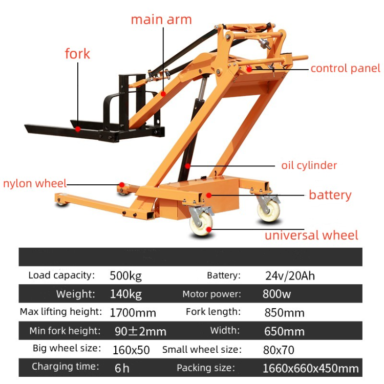 0.5 Ton Electric Telescopic Forklift 1.7m Portable Forklift Hand Manual ...