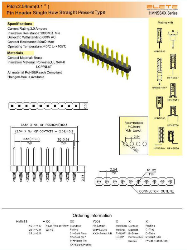 2.54mm Pitch Single Row Press-fit Terminal Pin Header Connector - Buy ...