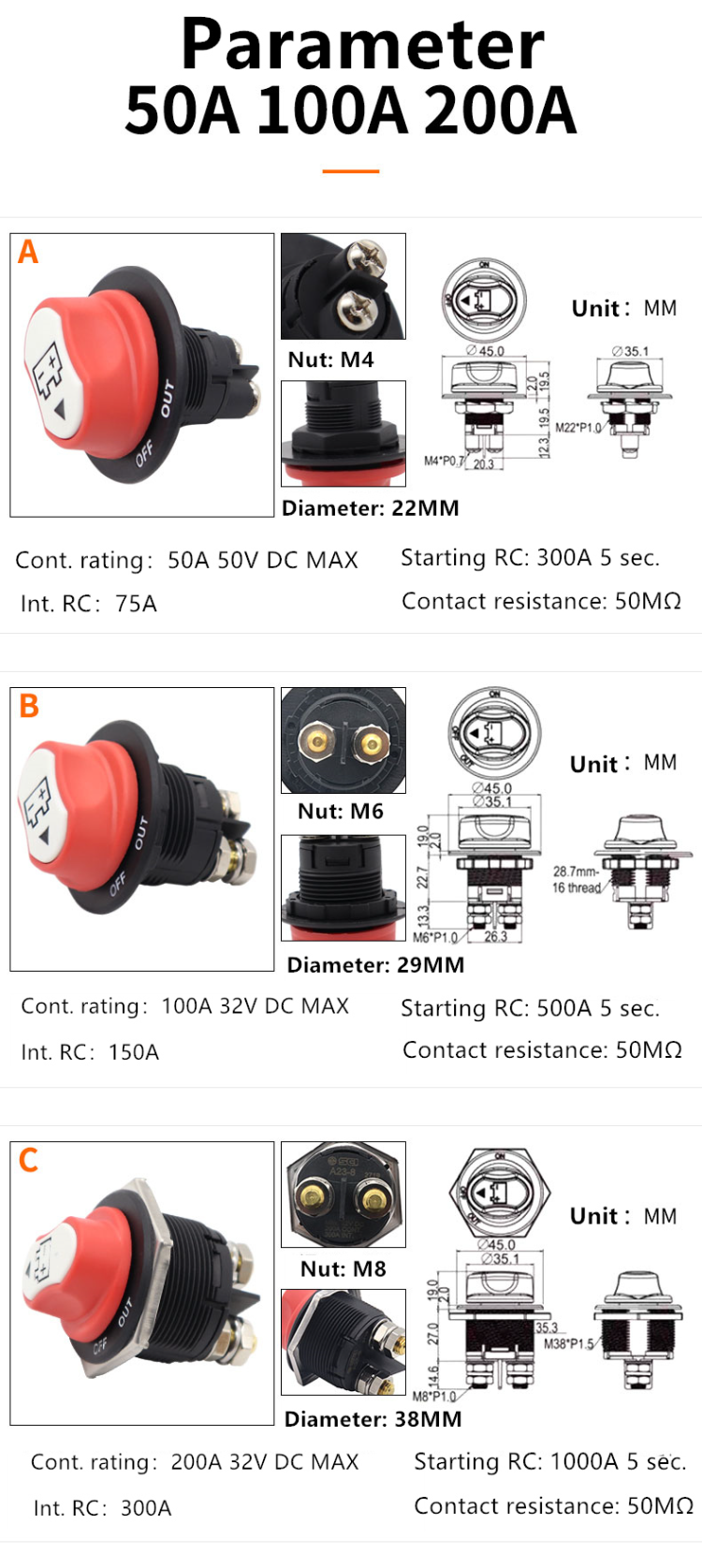 Battery Knob Switch/rotary Switch/on-off Dc 50v 50a 100a 200a Battery ...