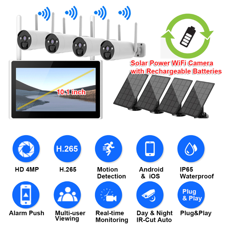 4ch Wifi Camera Nvr Kit 10.1inch Monitor Solar Power Rechargeable ...