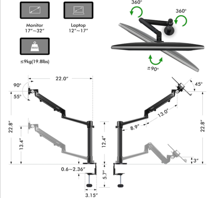 Adjustable Height Aluminum Gas Spring Monitor Arm For School Bedroom ...