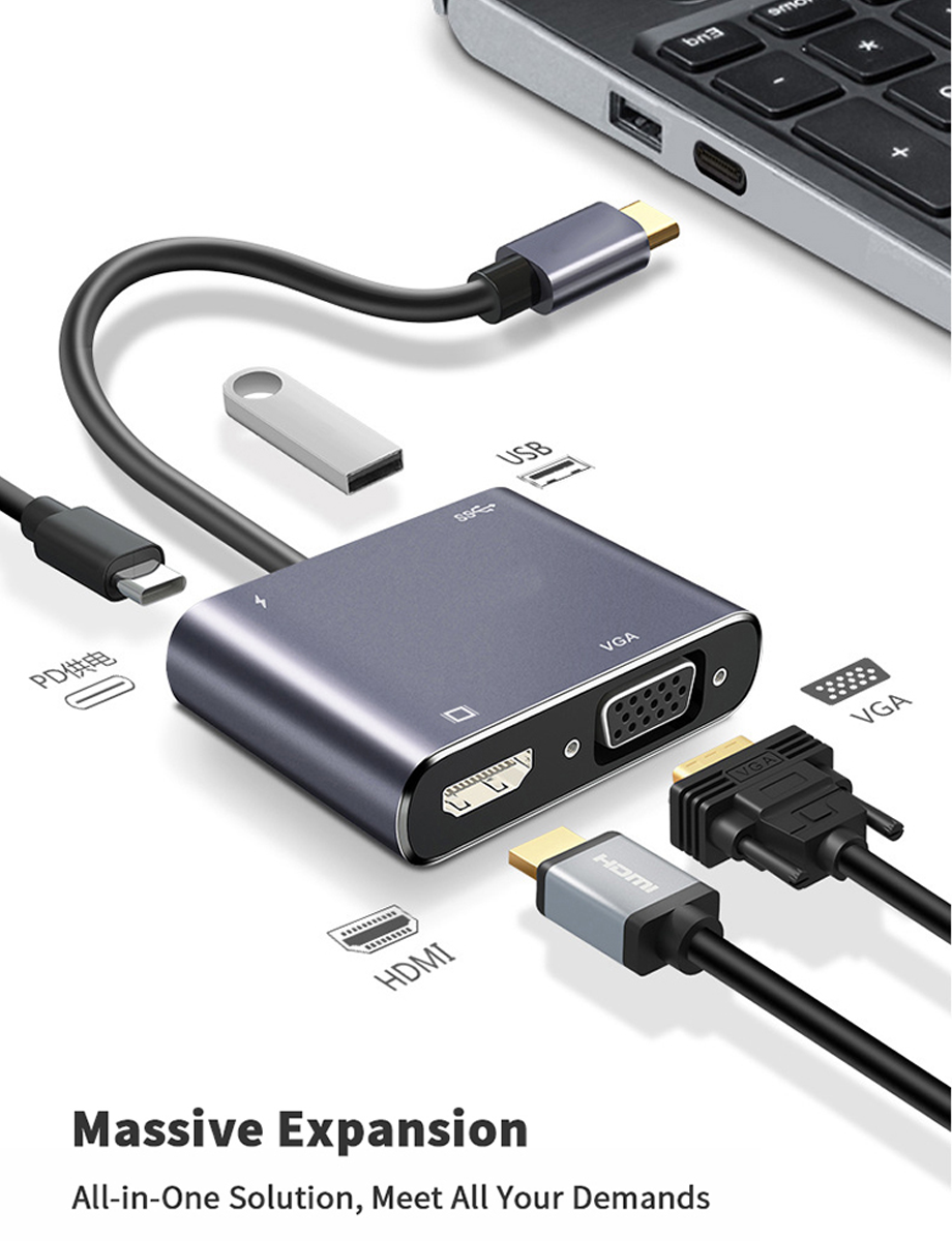 Buy Wholesale China Usb C To Vga Spliter, 4 In 1 Usb Hub,pd Charging 4k ...