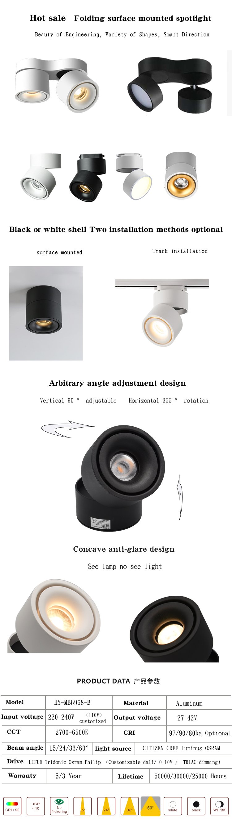 Cri97/93 Adjustable Ceiling Square Spotlight Led Double Head Surface ...