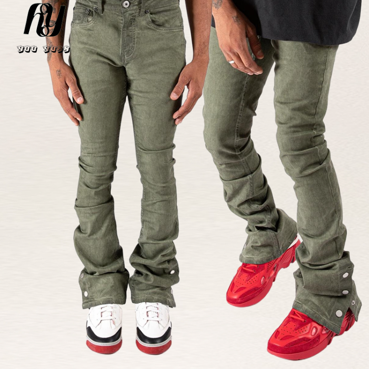 Liluo Custom Denim Luxury Flare Snap Button Stacked Jeans Men's Flare ...