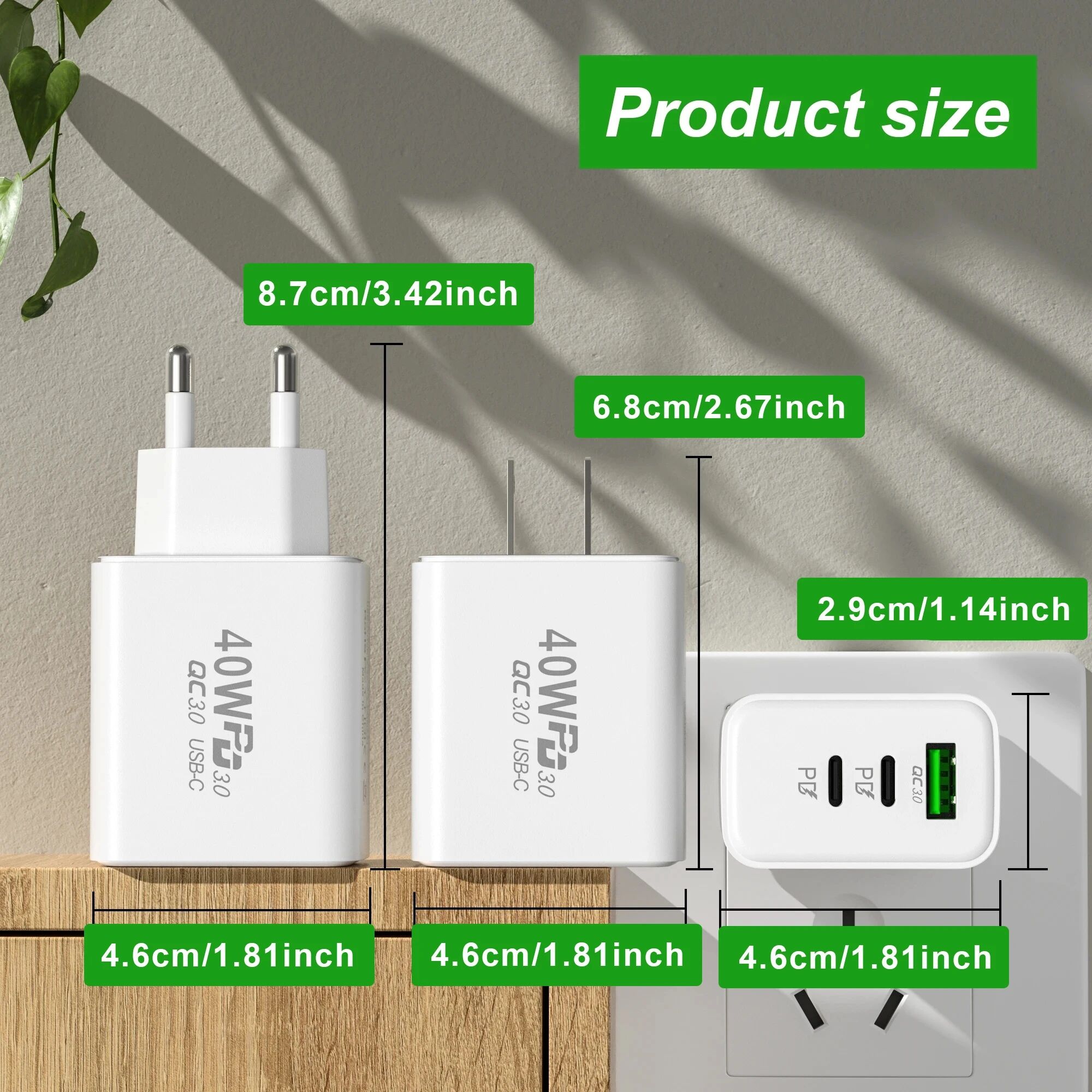 Usb Pd Adapter 40w Dual Pd Charger 3 Port Qc3.0 Quick Charger For ...