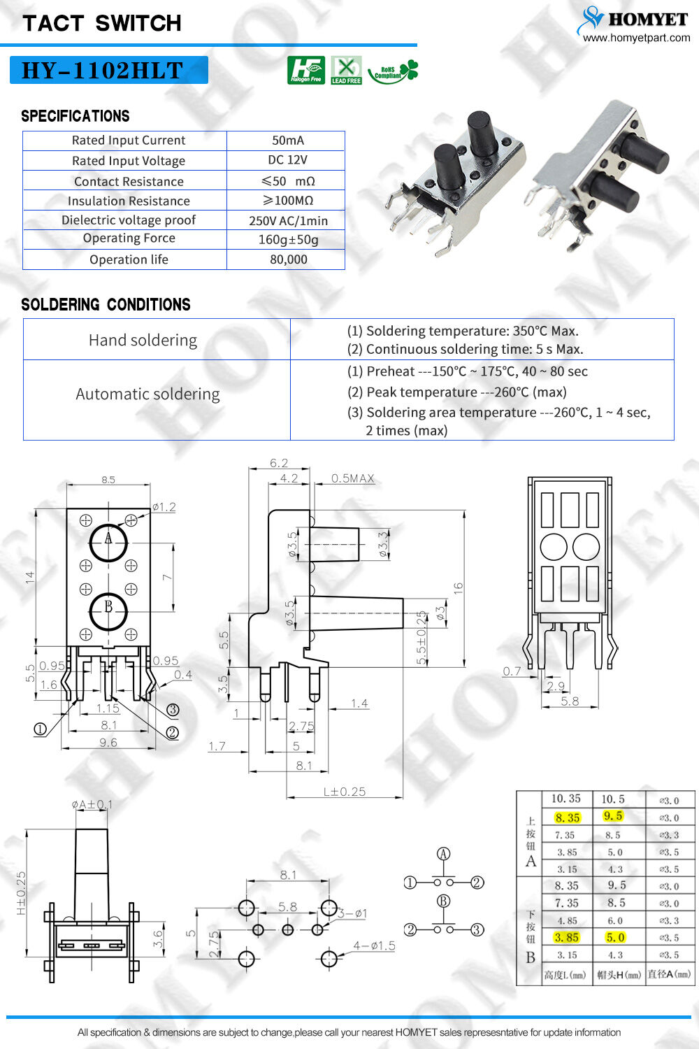 Homyet Tact Switch Spst Horizontal Dual Type Tactile Switch On-board ...