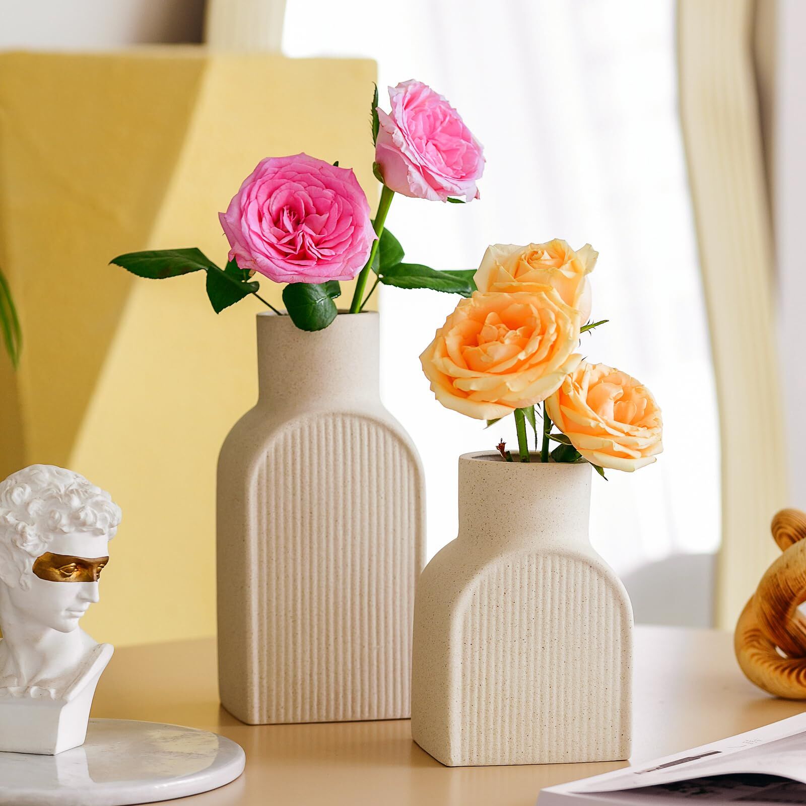 Nordic Vase 2 Piece Set,small And Large Ribbed Ceramic Vase,beige Vase ...