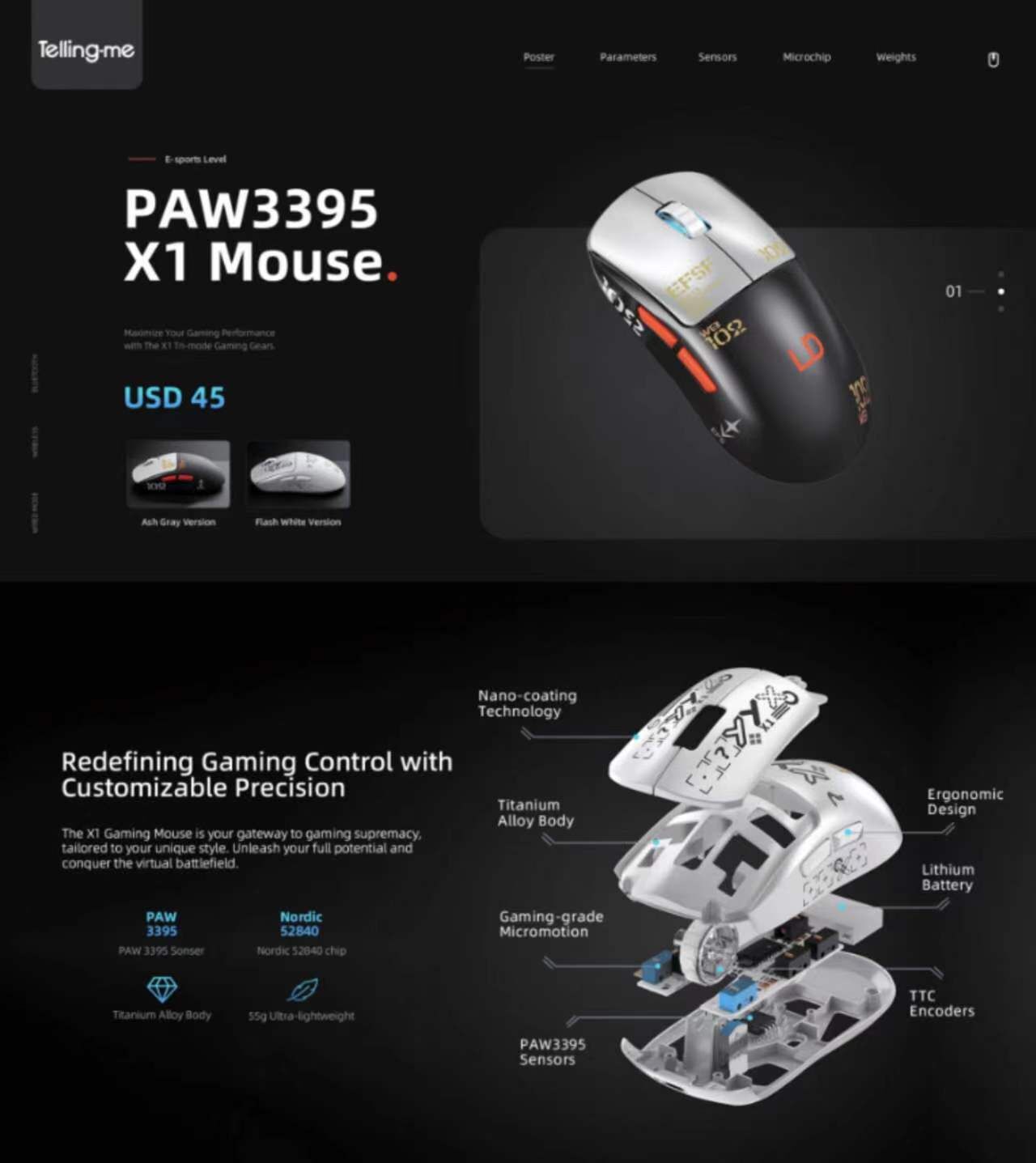 X1 Titanium-magnesium Alloy Paw3395 Dual Mode Gaming Mouse - Expore ...