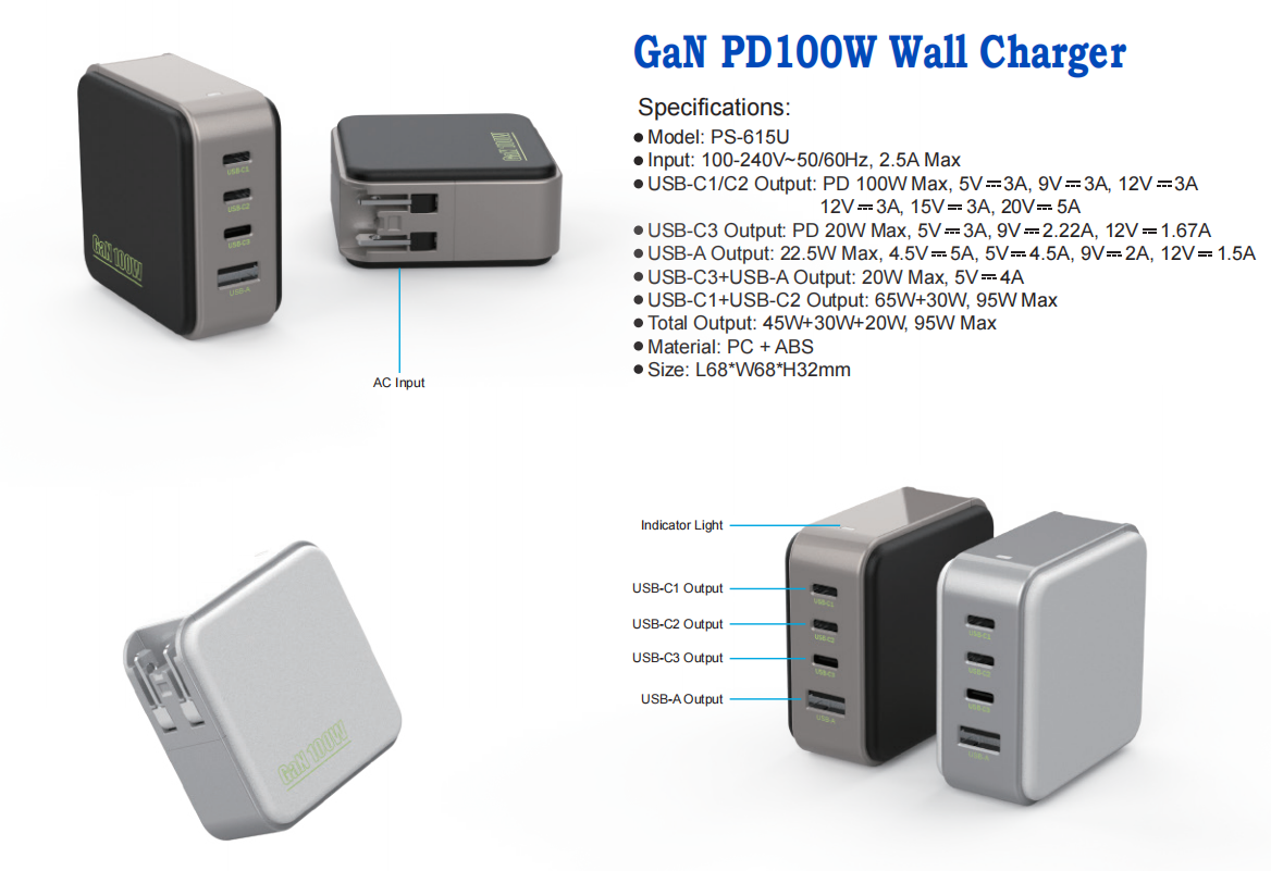 Home Office Ac Adapters Gan Pd 100w Wall Charger Power Charging Multi ...